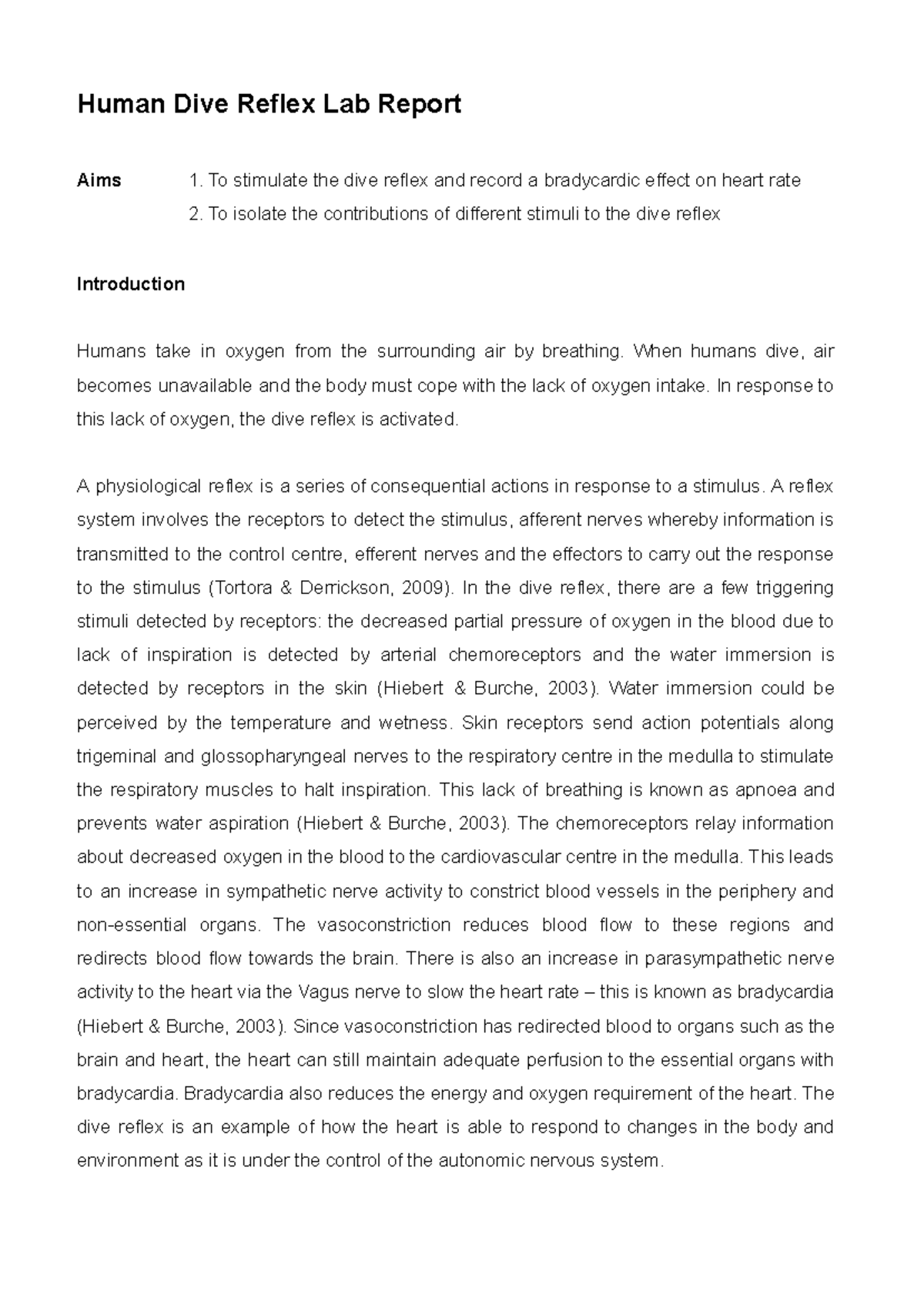 Human Dive Reflex Lab Report: Investigating Bradycardic Responses - Studocu