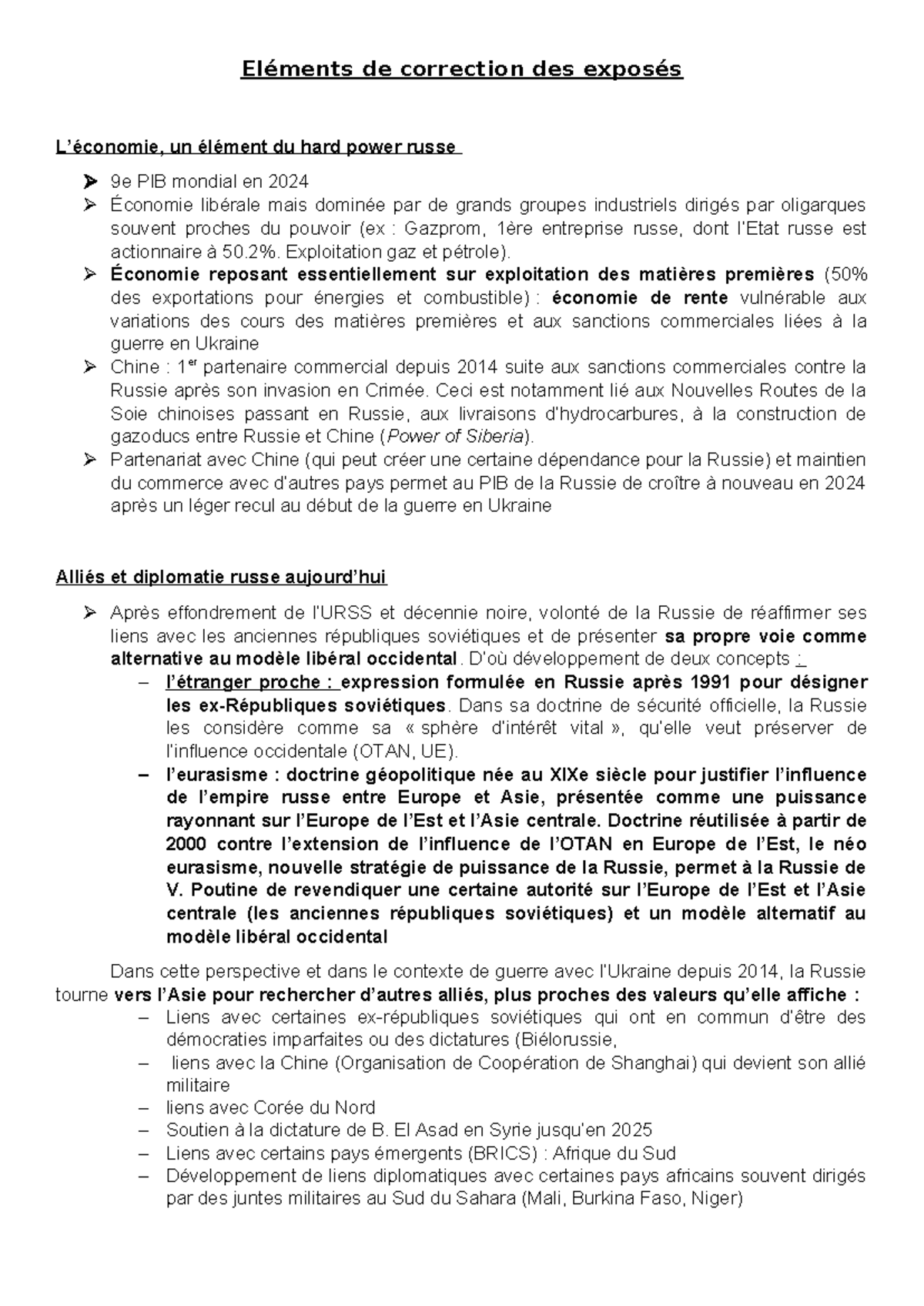 Corrigé des Exposés 2025 : Analyse du Hard Power Russe et Alliances ...