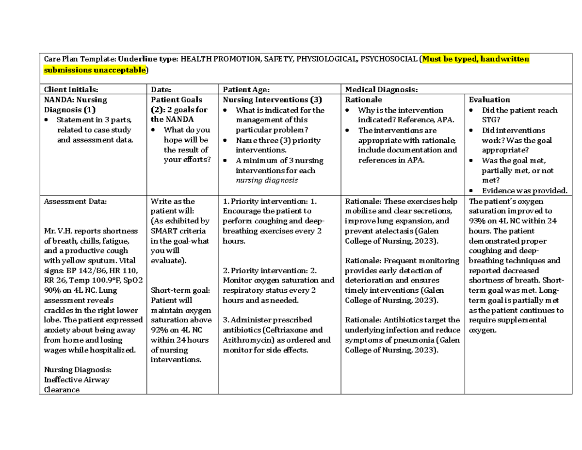 75C08A23 Nursing Care Plan Template: Health Promotion & Interventions ...