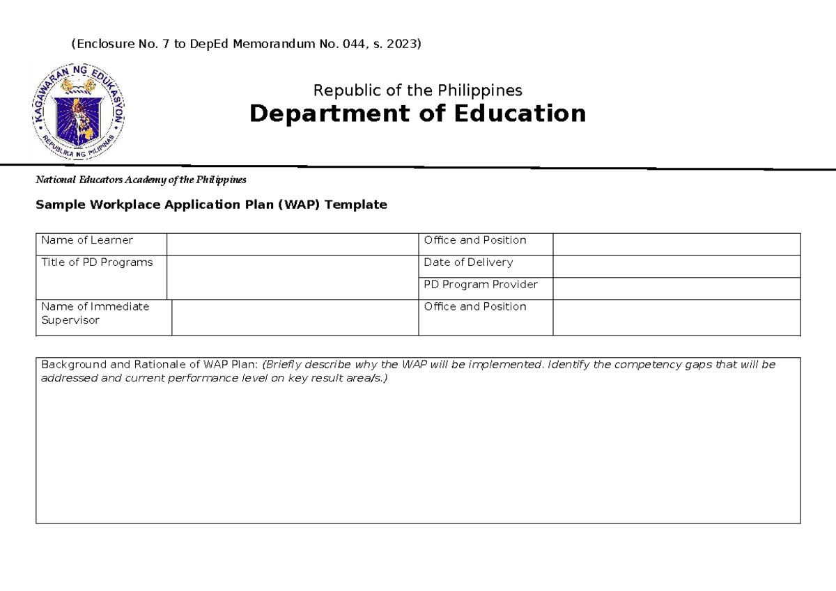 Enclosure No. 7: Sample WAP Template for PD Programs - Studocu