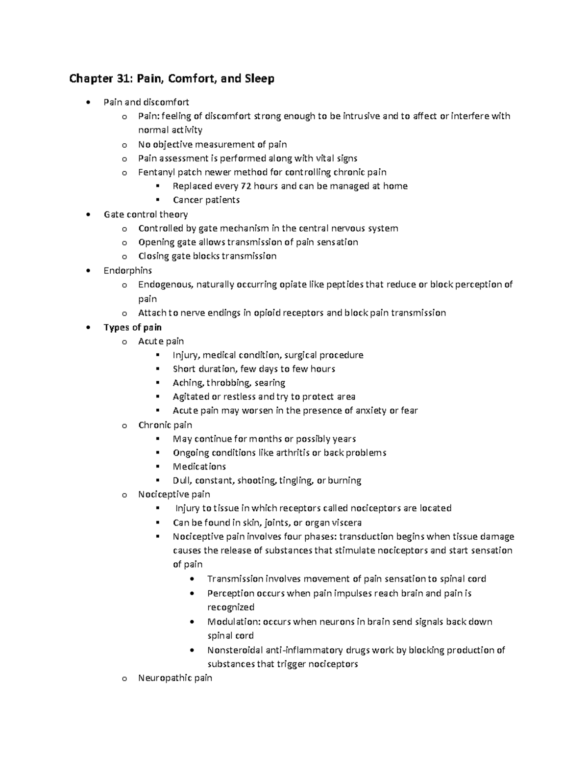 Ch 31: Understanding Pain, Comfort, and Sleep Management - Studocu