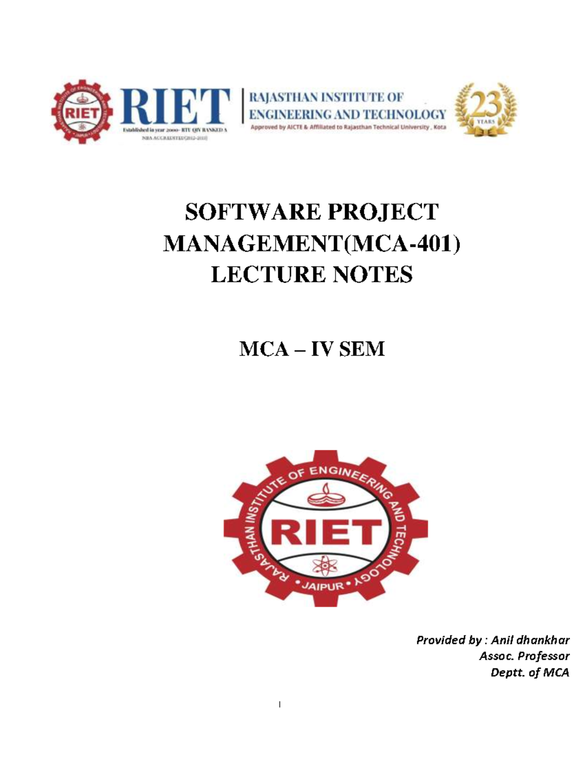 Software Project Management Lecture Notes (MCA-401) - Studocu