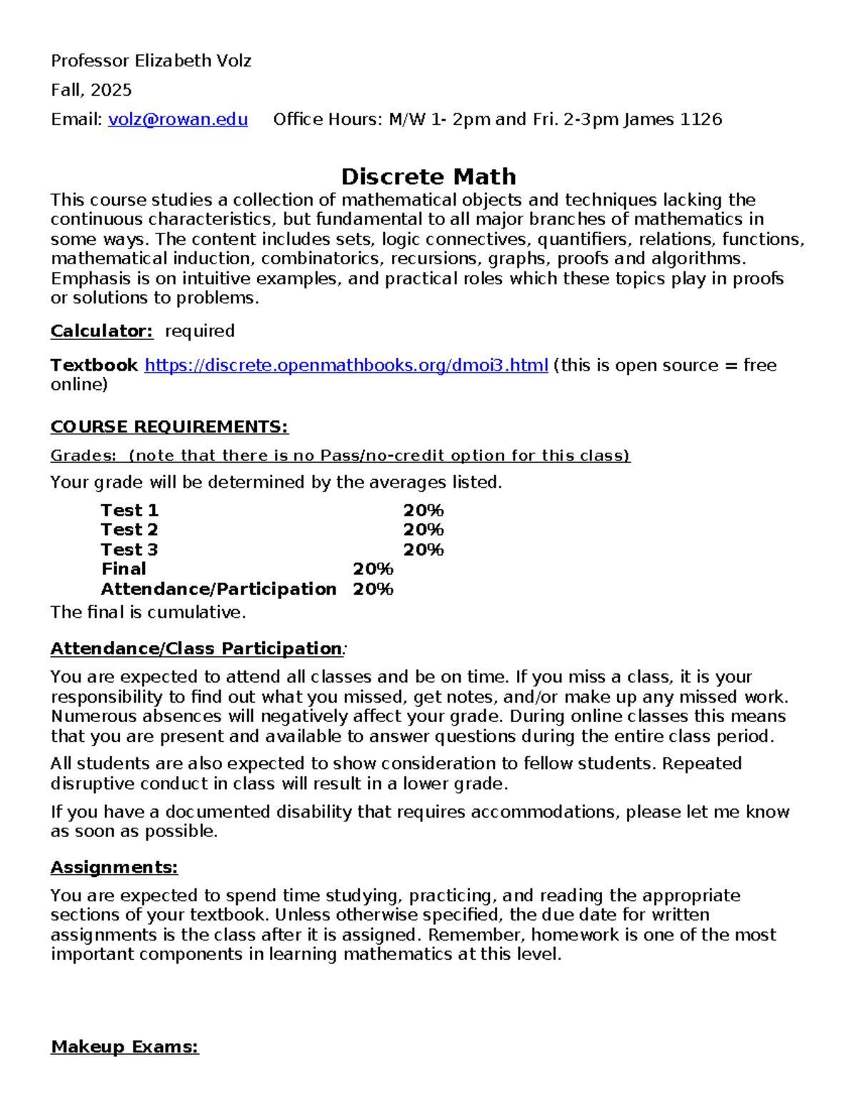 Discrete Math Syllabus - Prof. Elizabeth Volz, Fall 2025 - Studocu