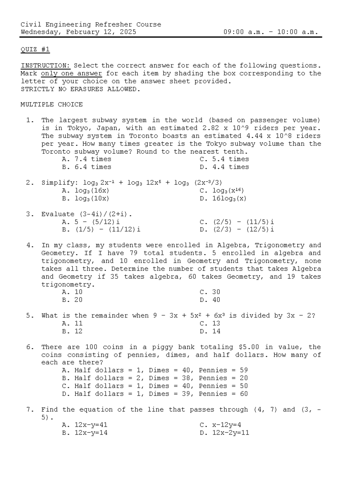 Civil Engineering Refresher Course Quiz - February 12, 2025 - Studocu