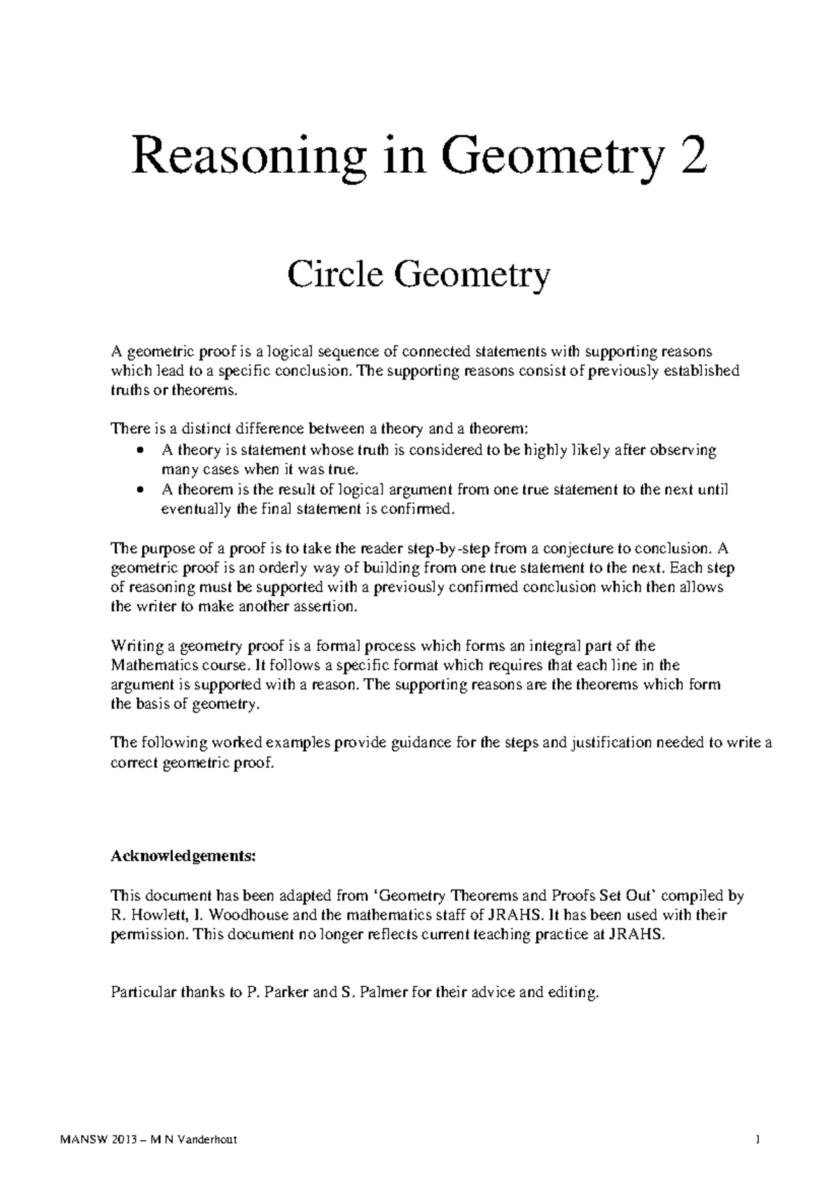 Reasoning in Geometry MANSW 2013: Circle Geometry Theorems and Proofs ...