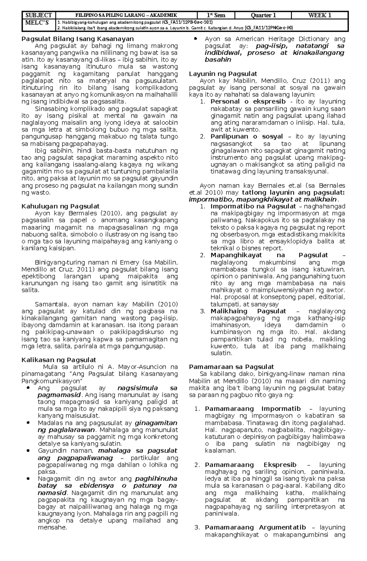 1st Sem Q1 Filipino-SA Piling Larang Module on Academic Writing WEEK 1 ...