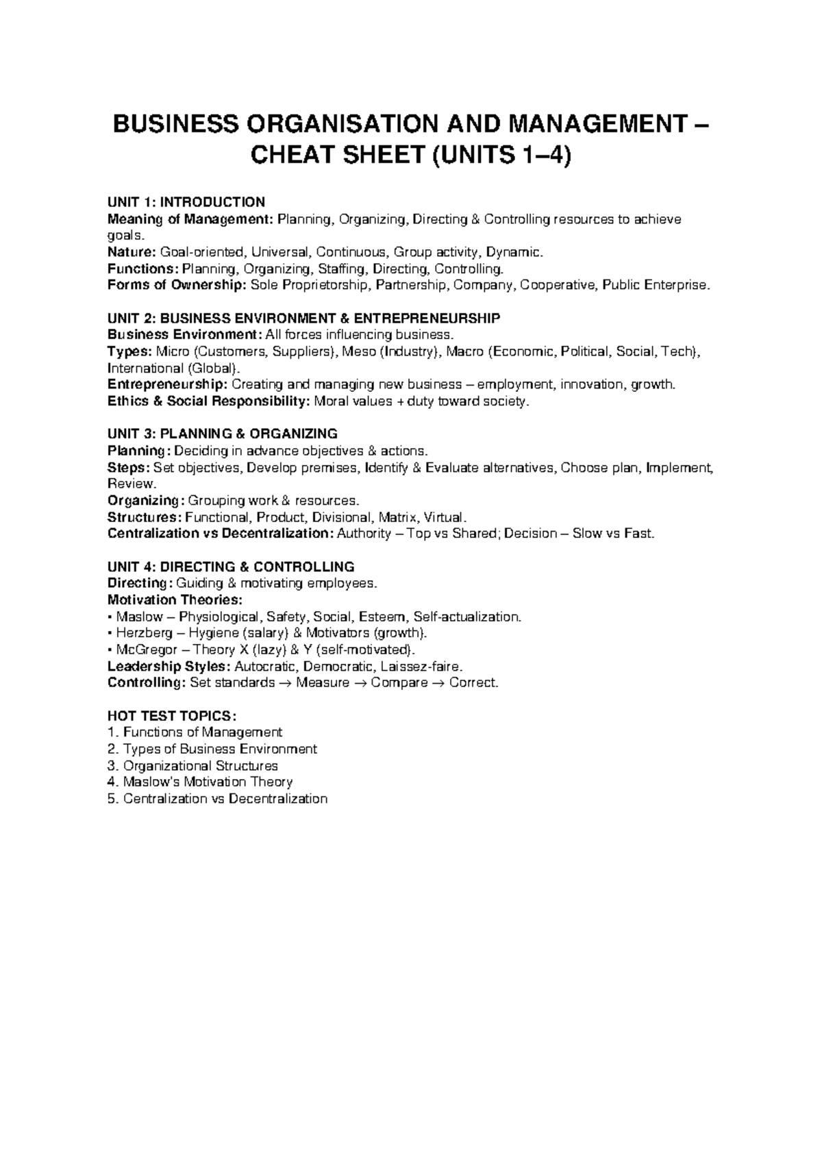 BOM 101: Comprehensive Cheat Sheet for Units 1-4 - Studocu