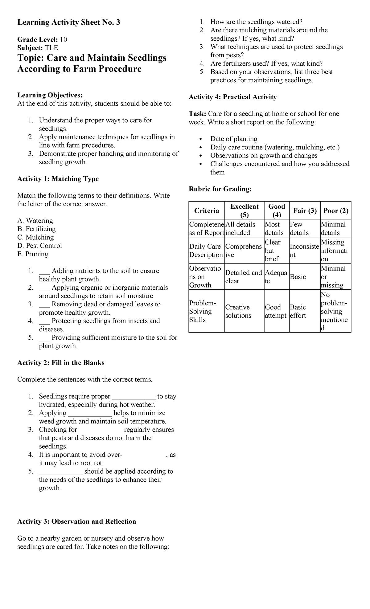 TLE 10 Care and Maintenance of Seedlings - Learning Activity Sheets - Studocu