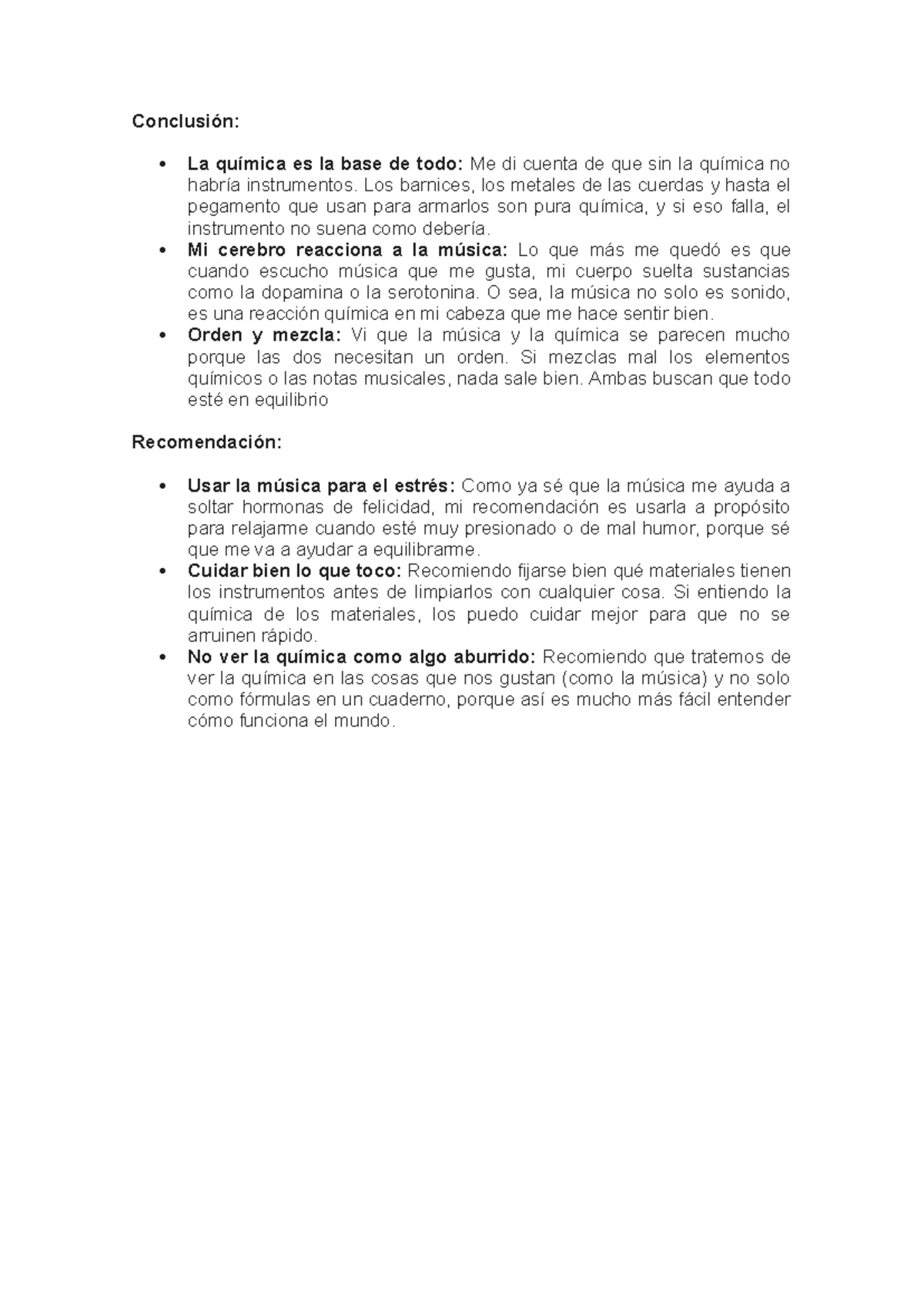 Conclusión y Recomendaciones sobre Química y Música - Studocu