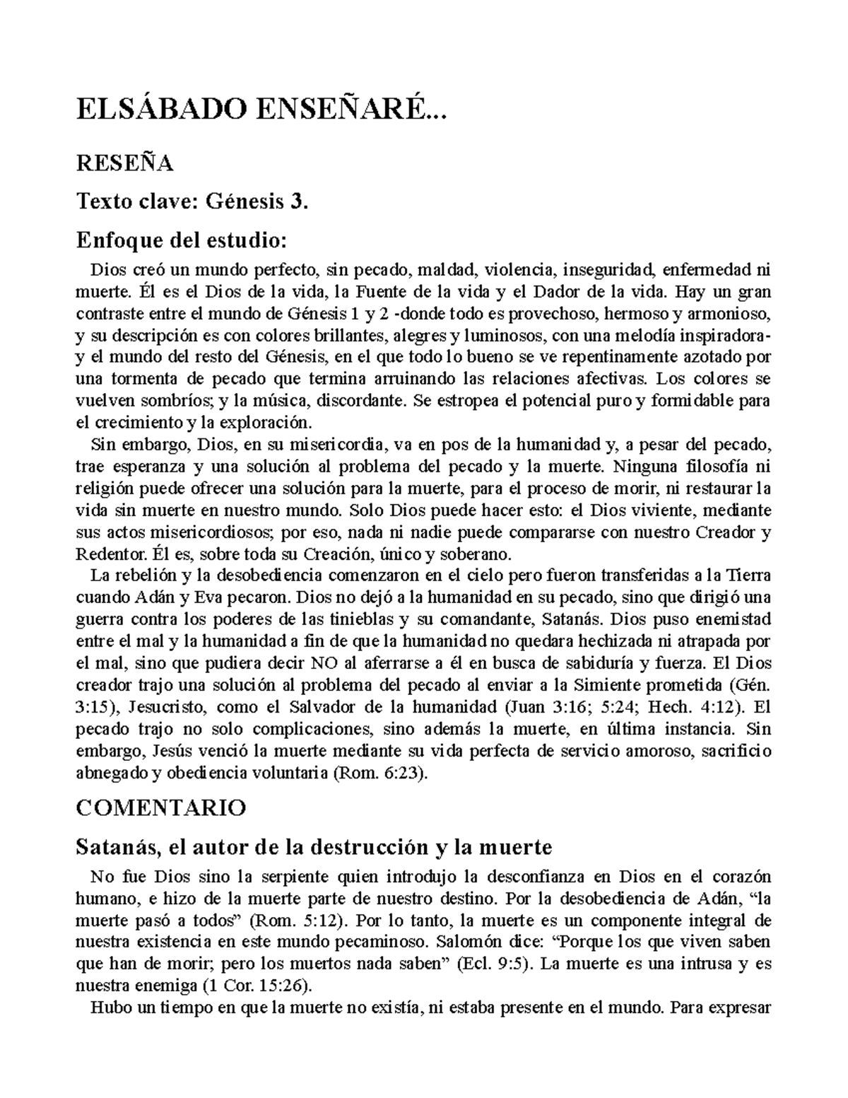 Estudio sobre Génesis 3: El Pecado y la Esperanza - 2 ELSABADO - Studocu
