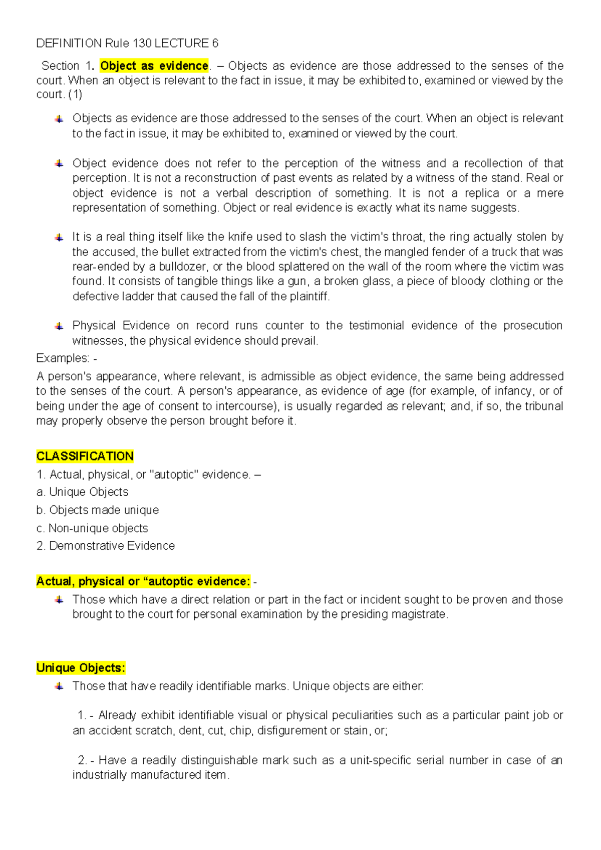 Lawcoca - CDINV8: Lecture 6 on Object Evidence and Admissibility - Studocu