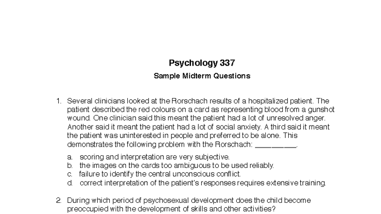 PSYC 337 Sample Midterm Questions and Key Concepts - Studocu