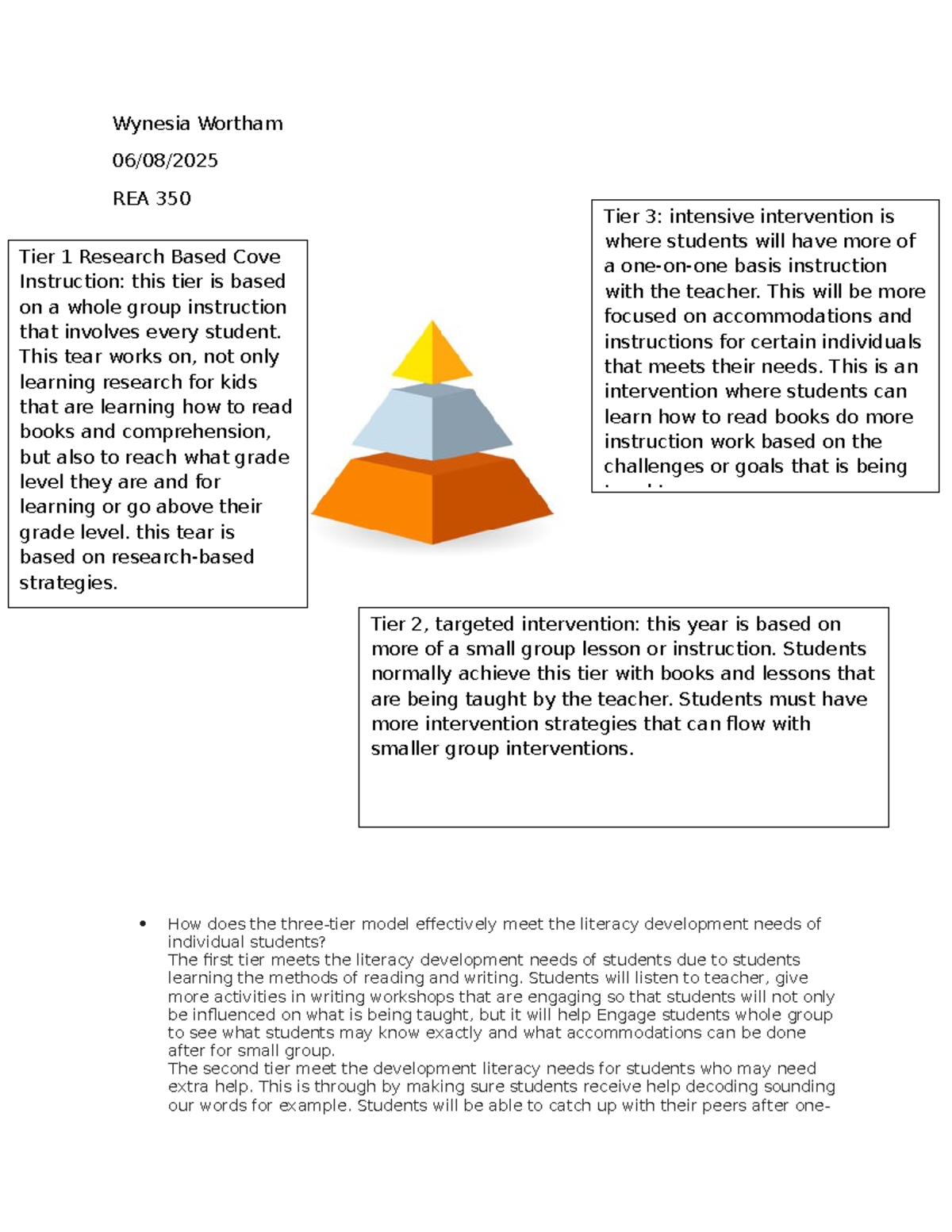 REA 350 Assignment 6: Understanding Tiered Instruction Models for ...