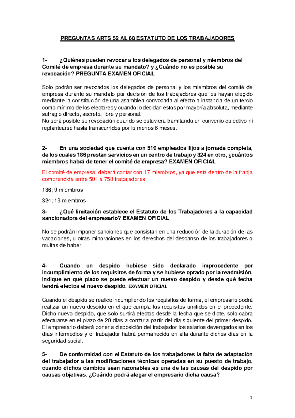 Preguntas sobre ARTÍCULOS 52 a 68 del Estatuto de los Trabajadores ...