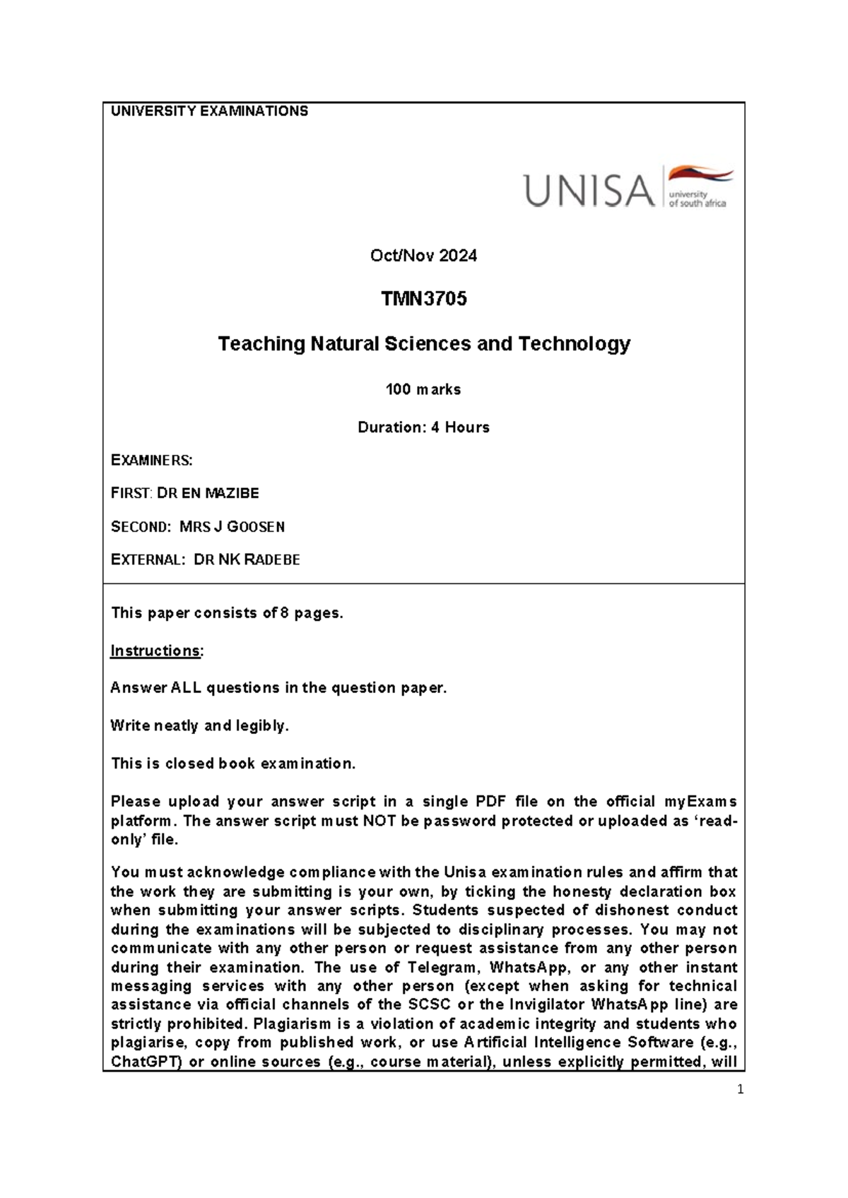 TMN3705 Final Exam Question Paper - Teaching Natural Sciences & Tech ...
