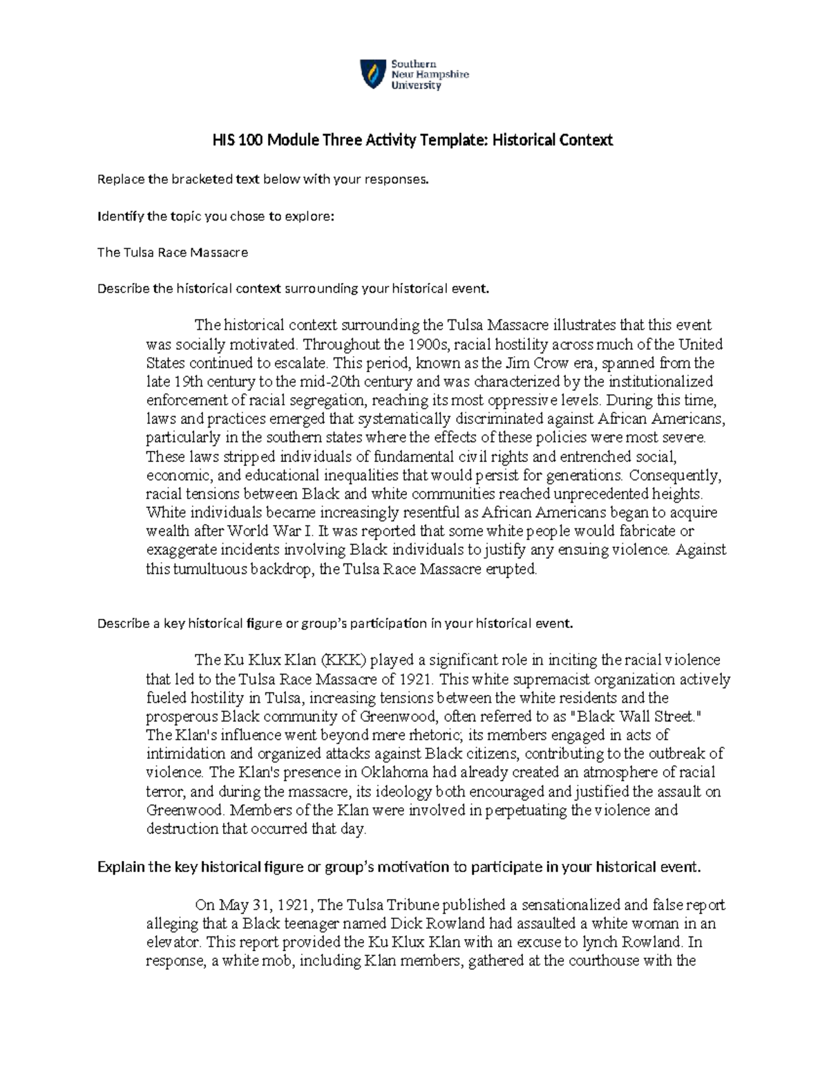 HIS 100 Module 3 Activity: Analyzing the Tulsa Race Massacre Context ...