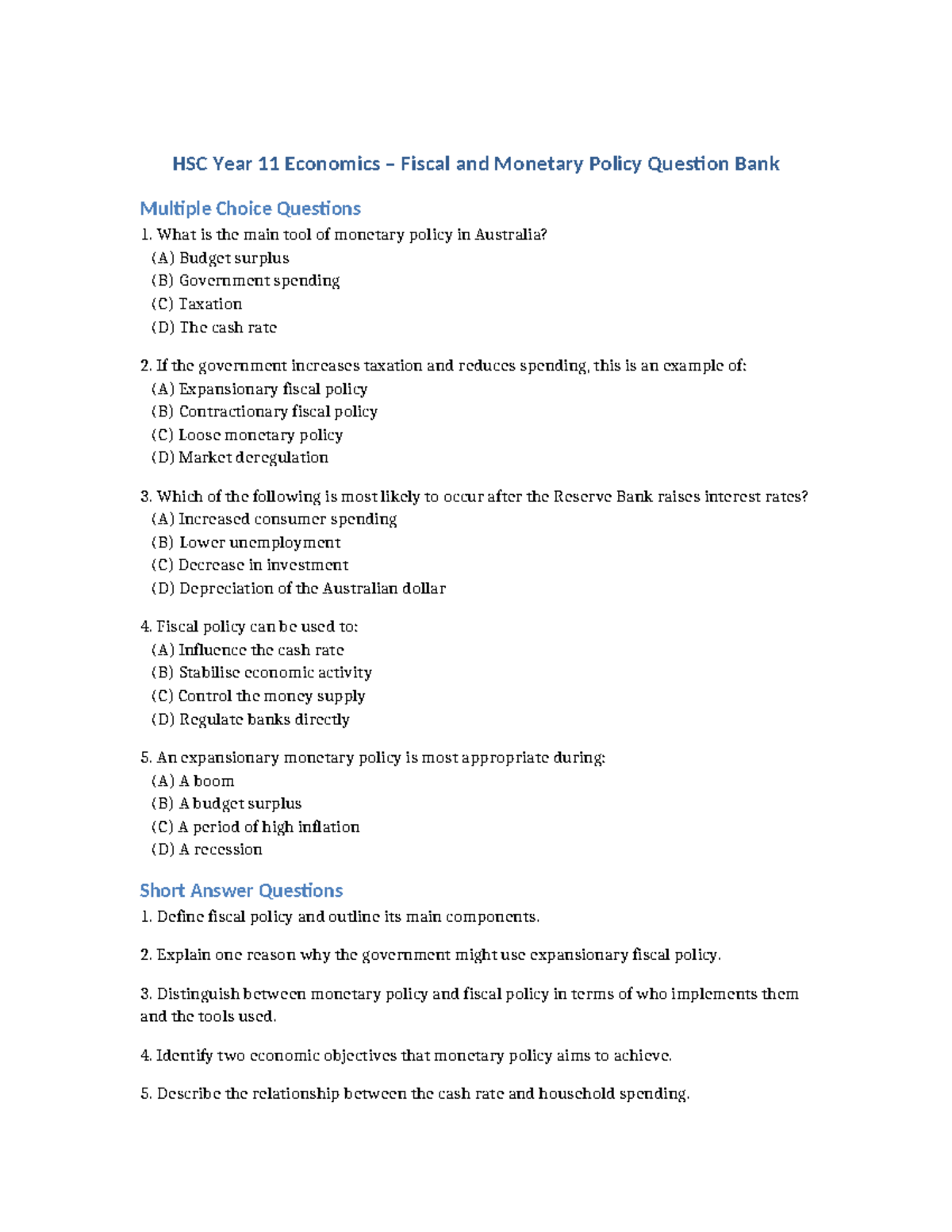 HSC Year 11 Economics Fiscal & Monetary Policy MCQ Question Bank - Studocu