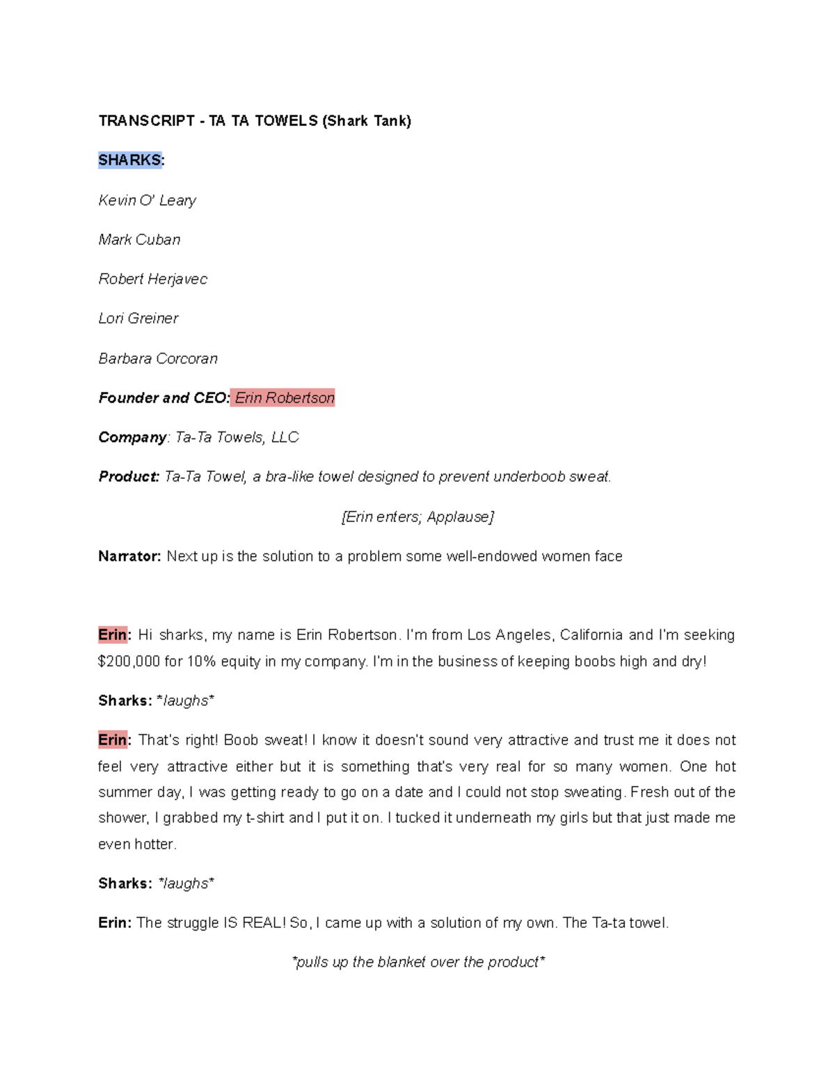 Towel pitch script for VCM: The tata towel on Shark Tank - Studocu