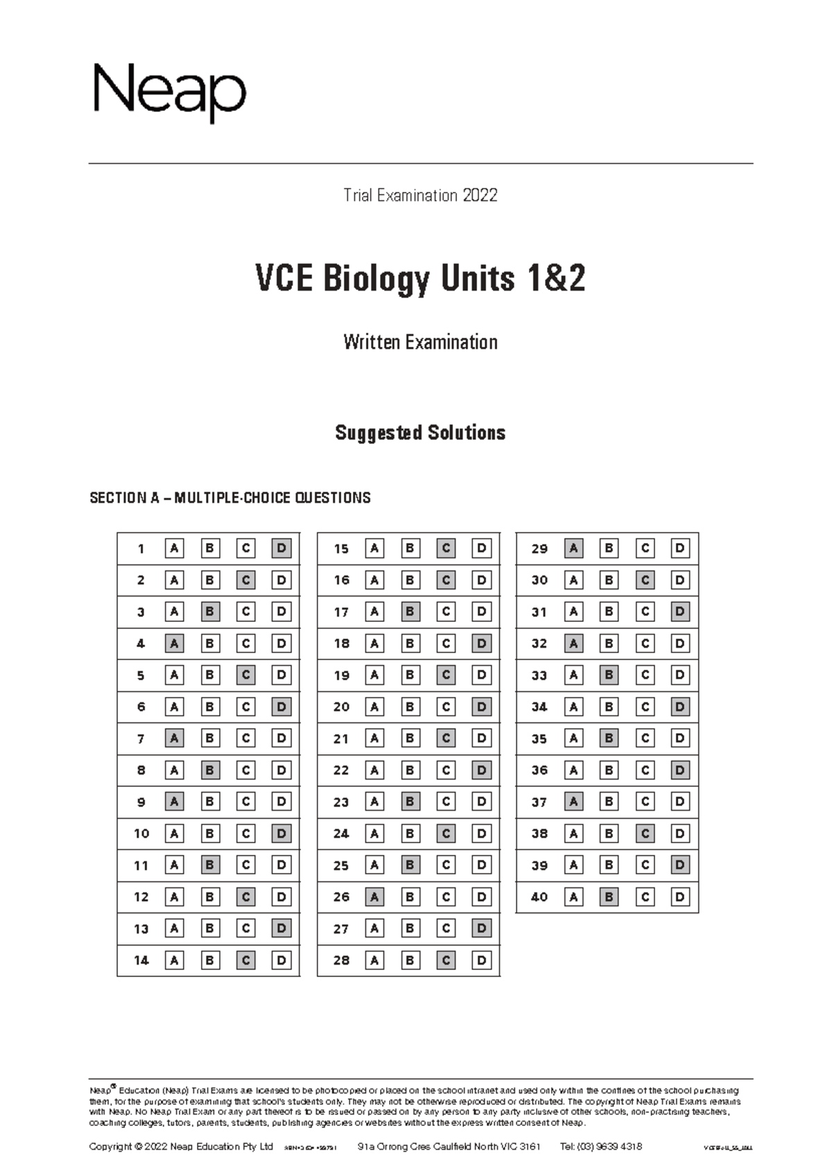 VCE Biology Units 1&2 Trial Exam Suggested Solutions 2022 - Studocu