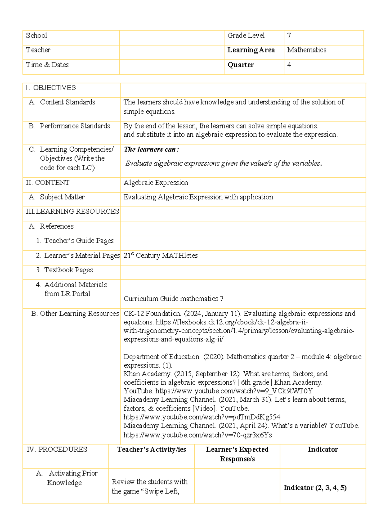Mathematics 7 Detailed Lesson Plan: Evaluating Algebraic Expressions - Studocu