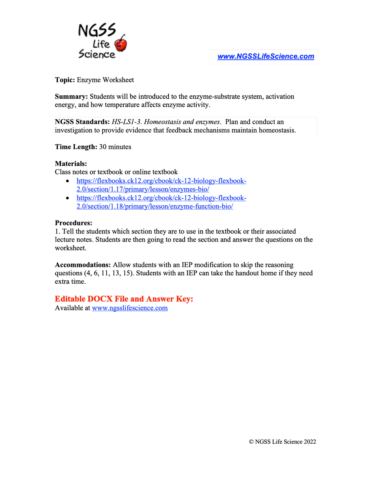 NGSS Life Science: Enzyme Worksheet Overview and Activities - Studocu