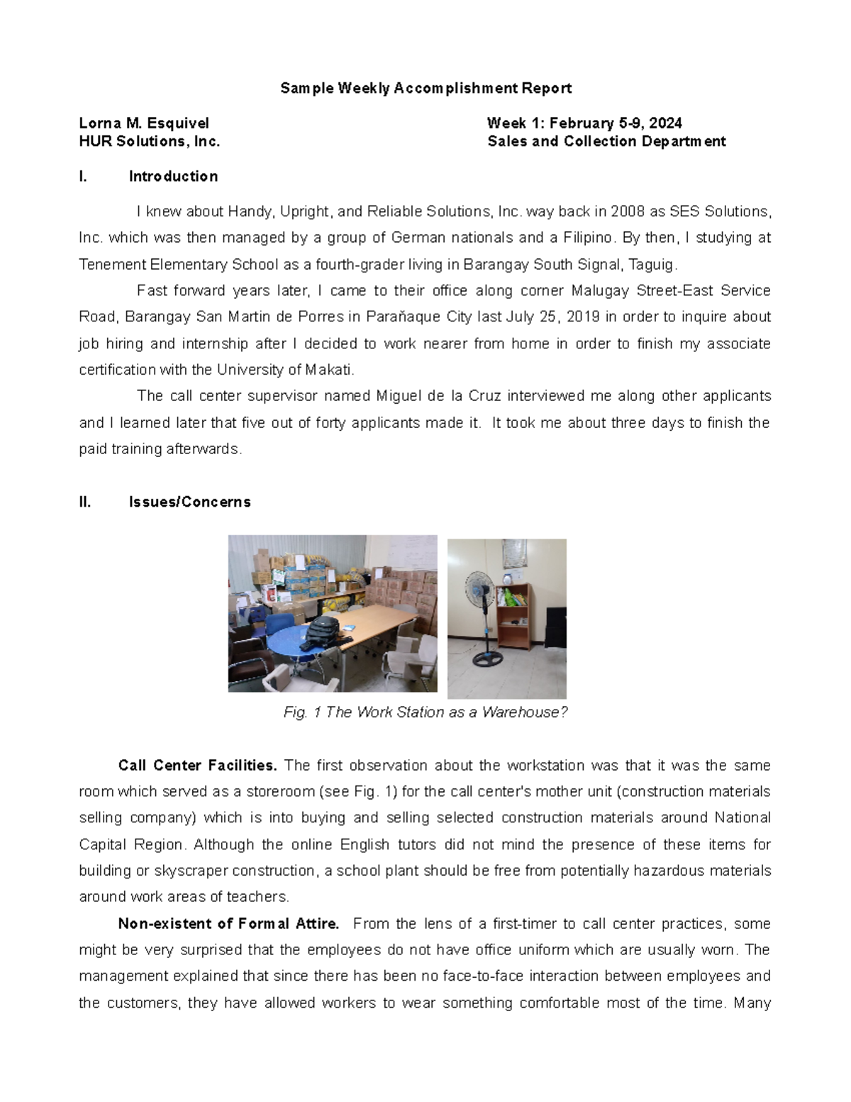 Weekly Internship Accomplishment Report Sample - Week 1 at HUR ...