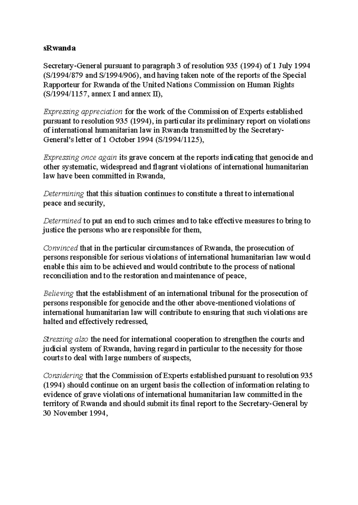Assignment on Rwanda Genocide: UN Resolution 935 (1994) Overview - Studocu