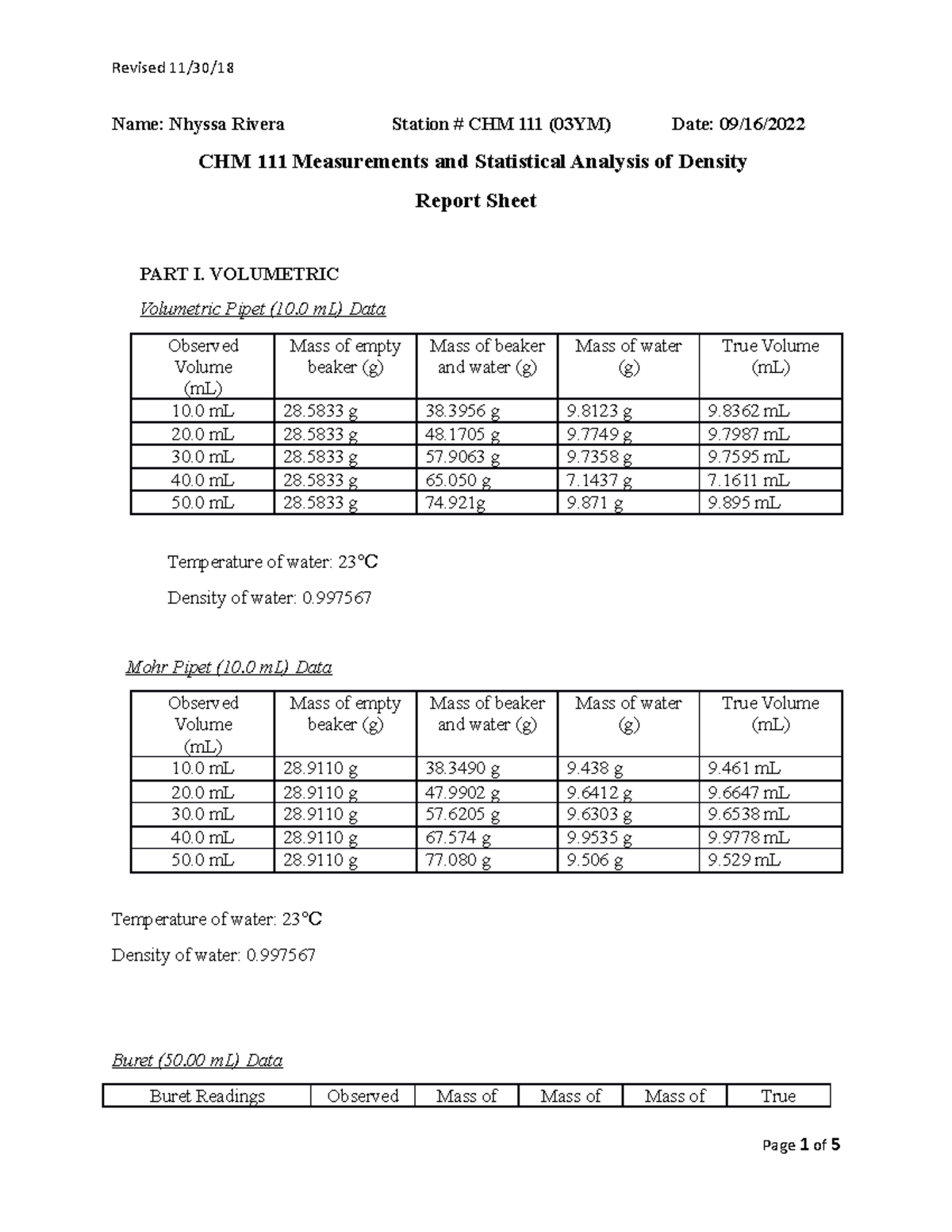 CHM 111 Lab Report: Measurements & Statistical Analysis of Density ...