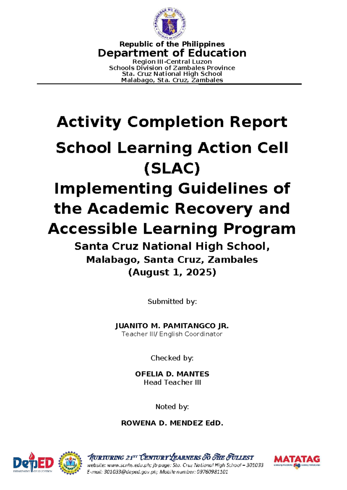 ACR on ARAL Program Implementation - SCNHS (August 2025) - Studocu