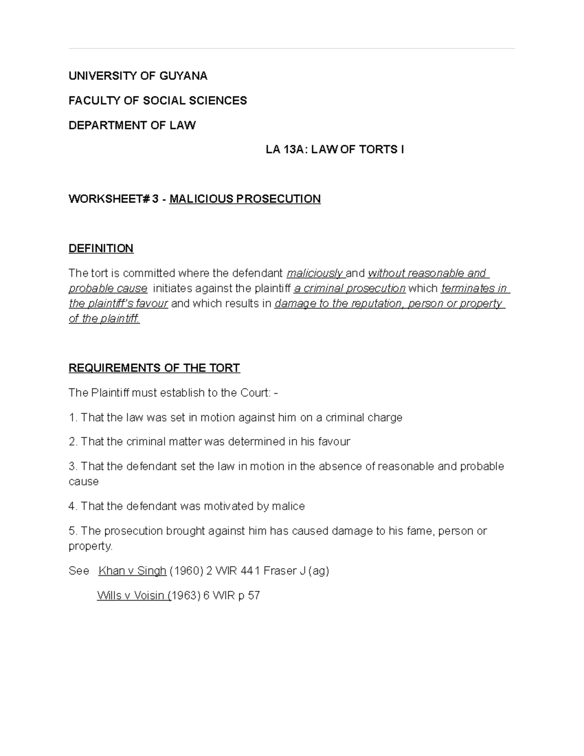 LA 13A Worksheet #3: Understanding Malicious Prosecution in Tort Law ...