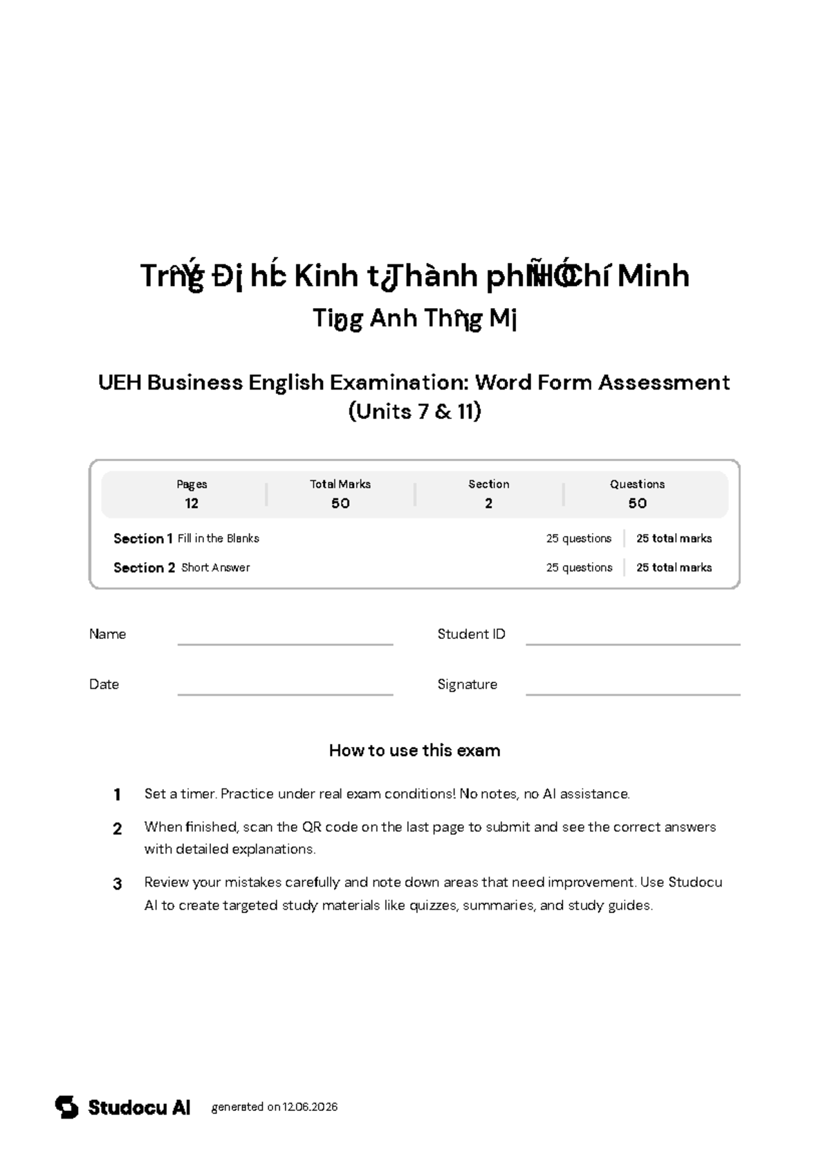 UEH Business English Exam: Word Form Assessment - Studocu