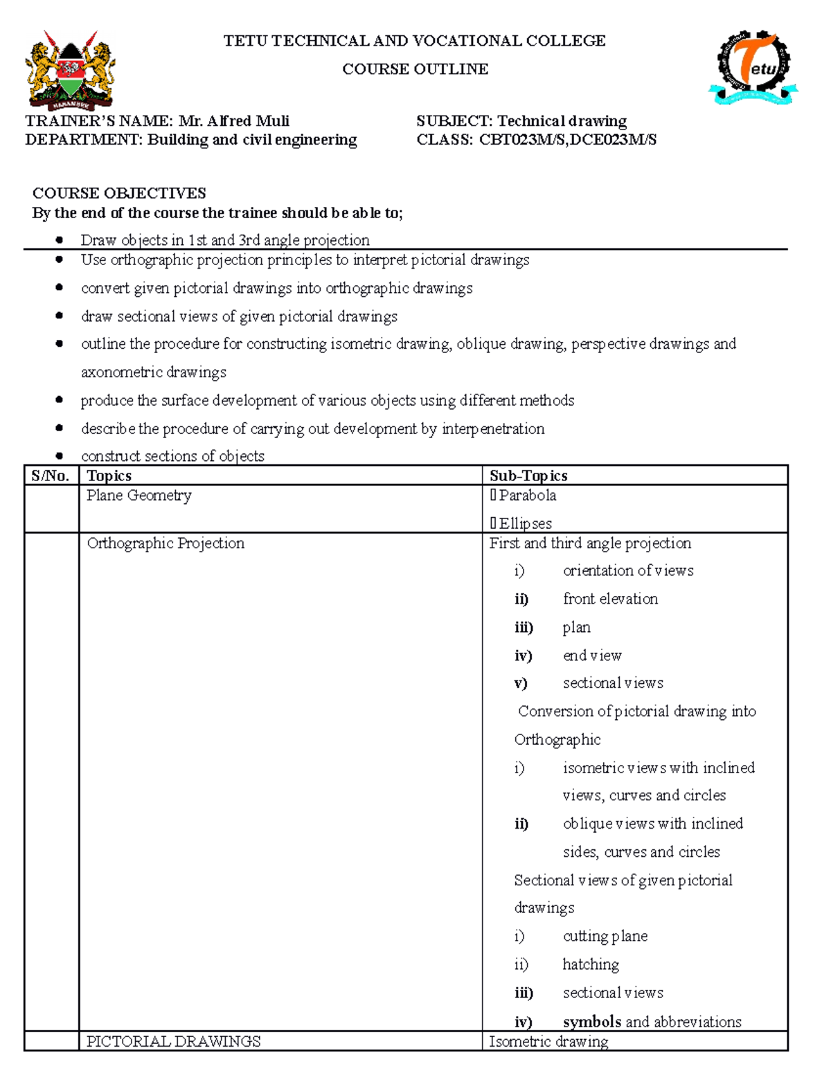 TETU CBT023M/S & DCE023M/S Technical Drawing Course Outline - Studocu