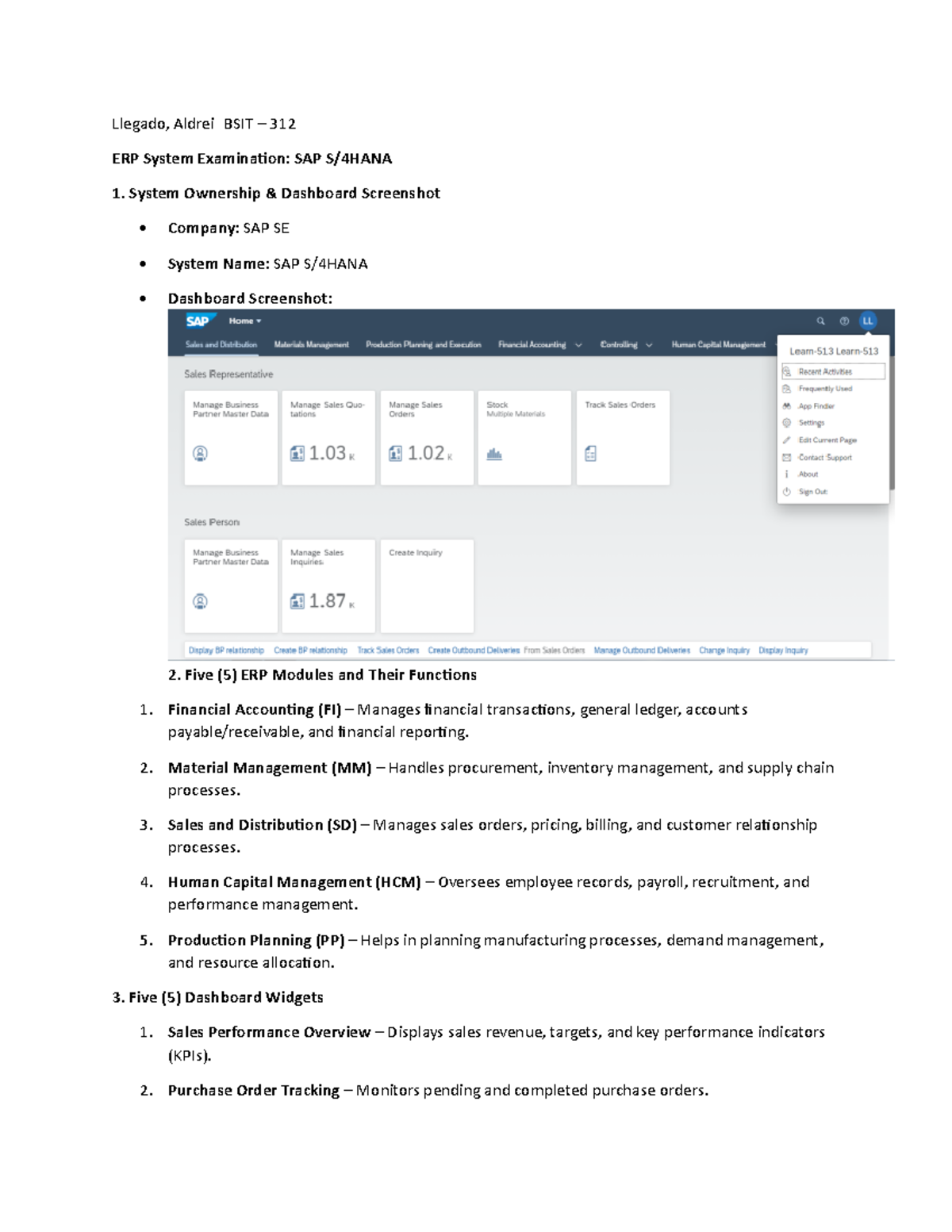 03 Task Performance 1 - ARG - Llegado, Aldrei BSIT – 312 ERP System Examination: SAP S/4HANA ...