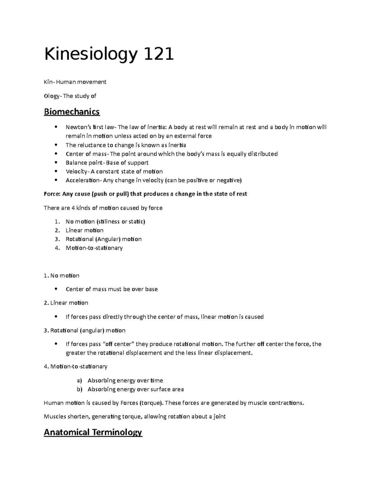 Kinesiology 121 Lecture Notes on Skeletal Systems and Biomechanics ...