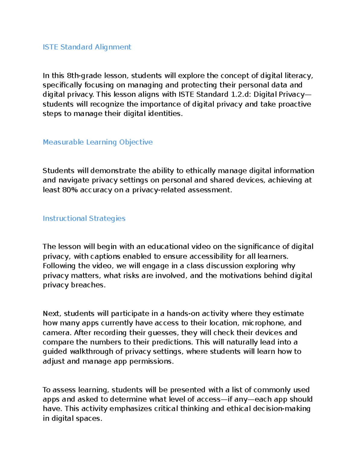 ISTE Standard 1.2.d: Digital Privacy Lesson Plan D660 - Studocu