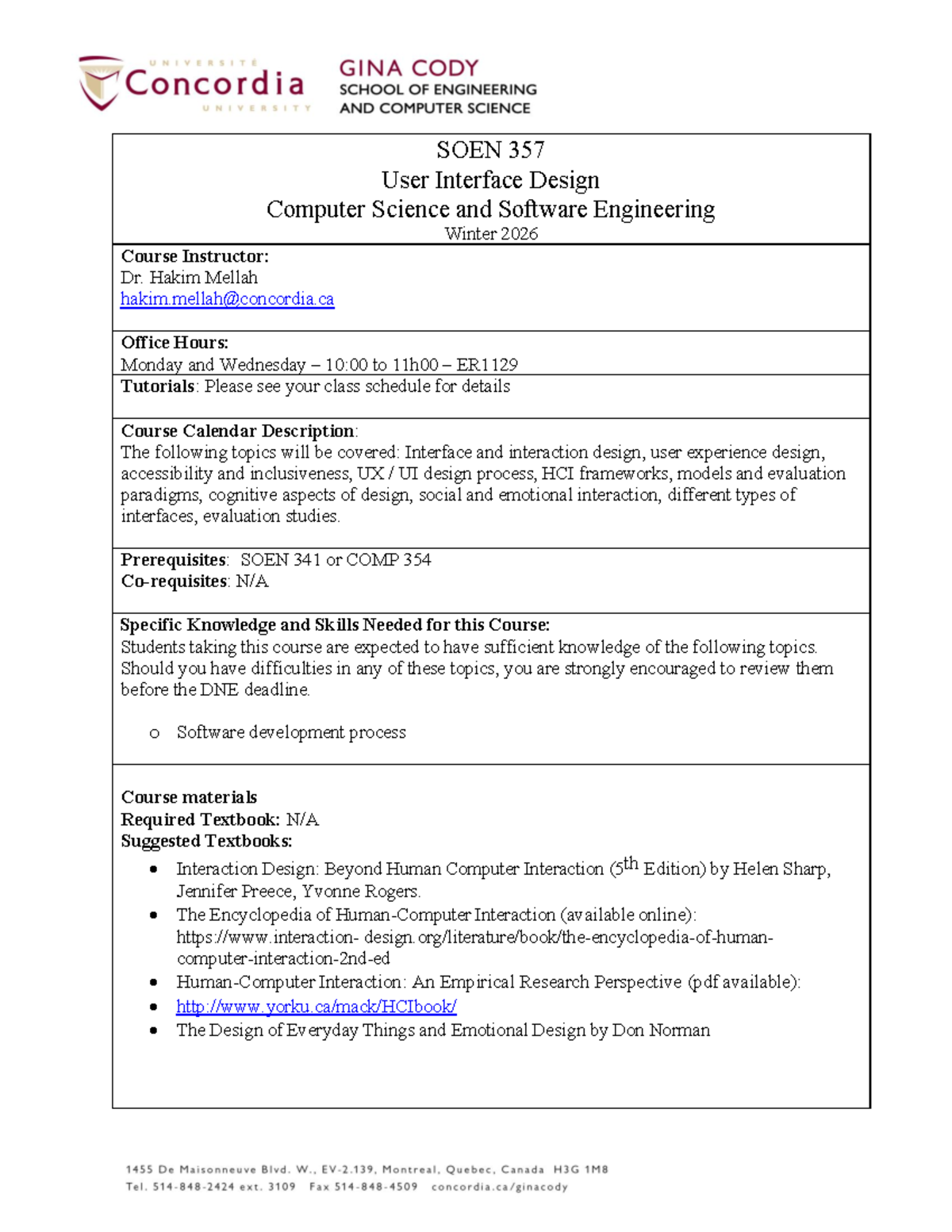 SOEN 357 User Interface Design Course Outline Winter 2026 - Studocu