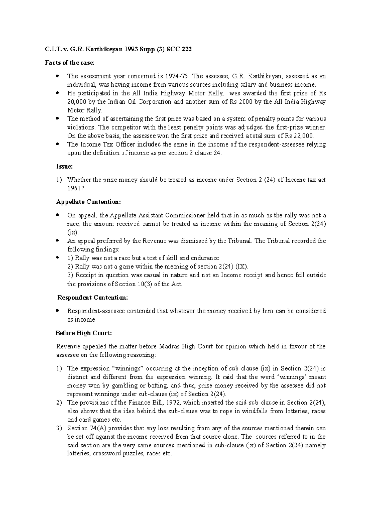 C.I.T. v. G.R. Karthikeyan: Tax Implications on Prize Money 1993 - Studocu