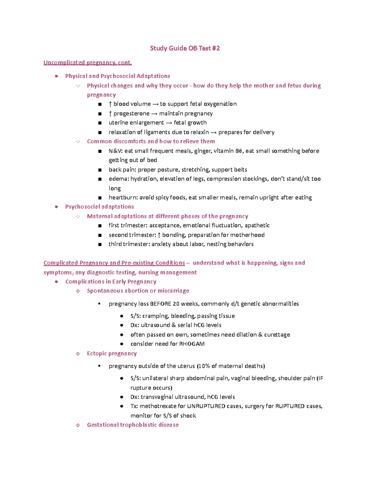 OB Test #2 Study Guide: Managing Complications and Interventions - Studocu