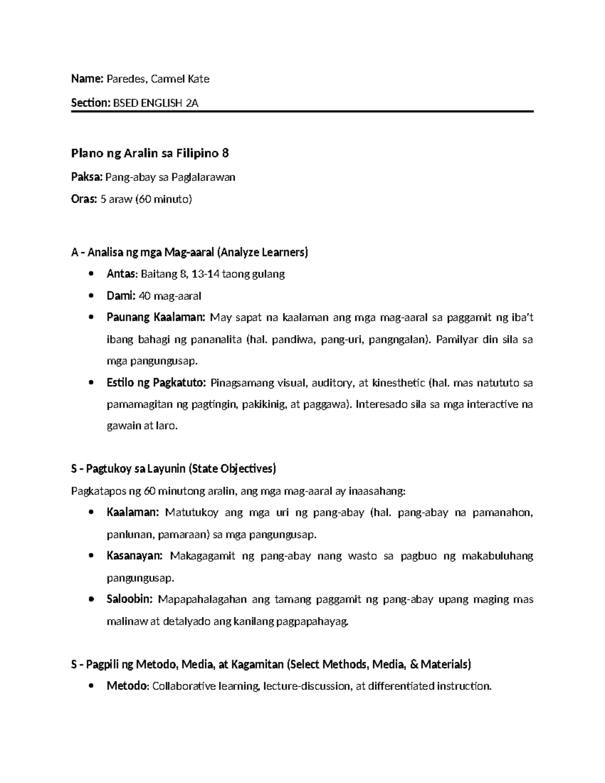 BSED ENGLISH 2A: Lesson Plan sa Paglalarawan para sa Baitang 8 - Studocu