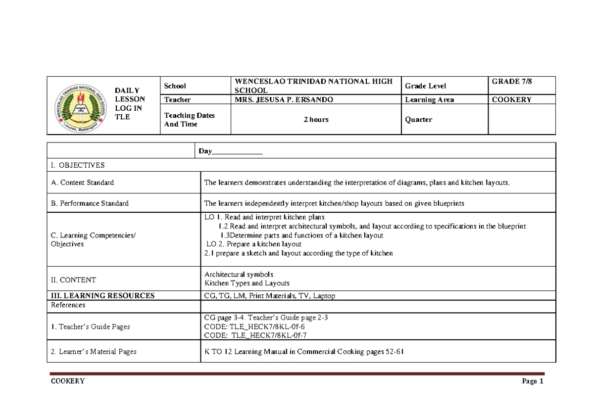 Day 1 Cookery Lesson Plan for Grade 7 - TLE Education - Studocu