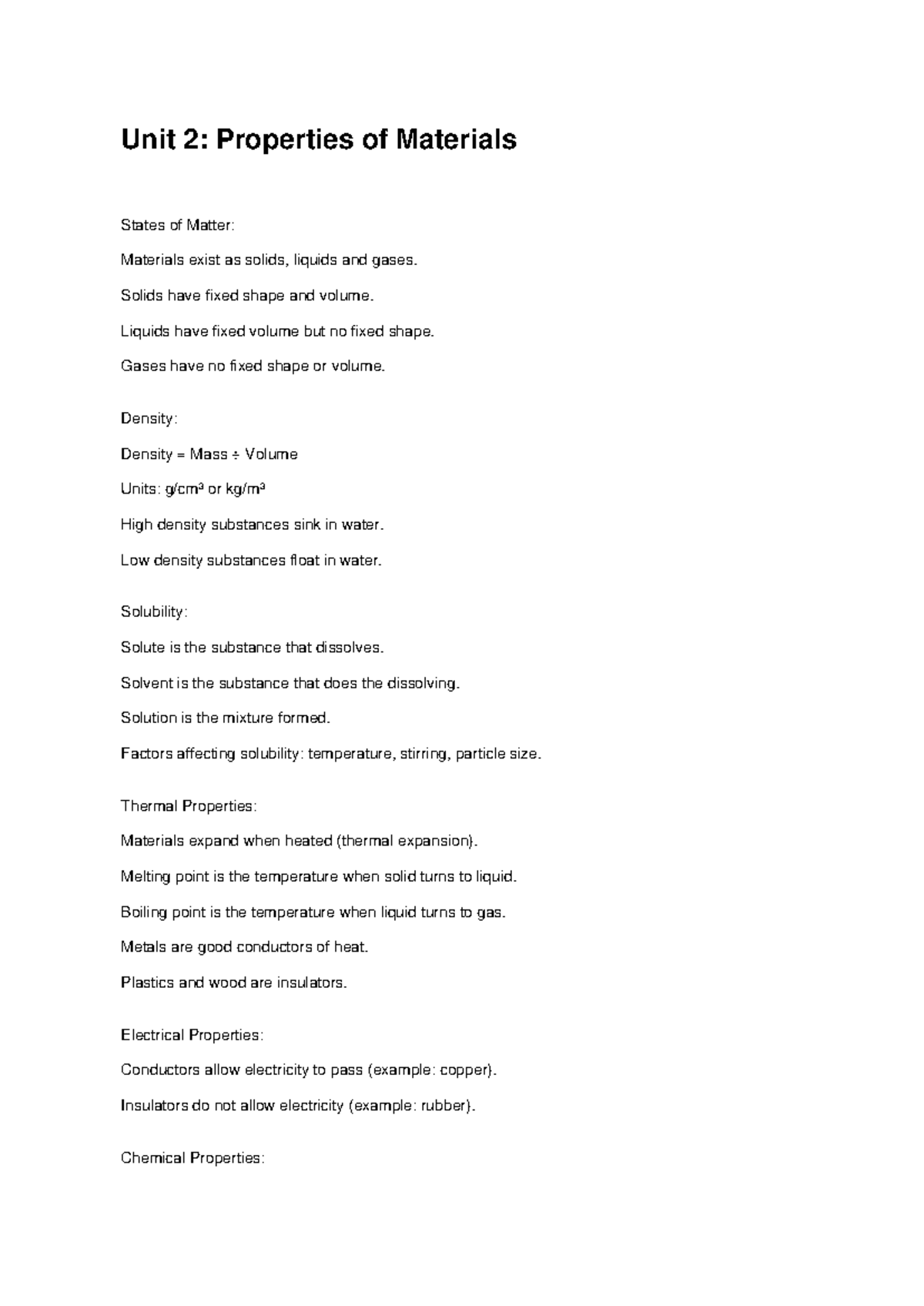 Unit 2: Properties of Materials - States of Matter & Density - Studocu