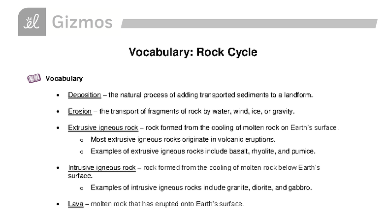 Rock Cycle Vocab: Key Terms and Definitions for Understanding - Studocu