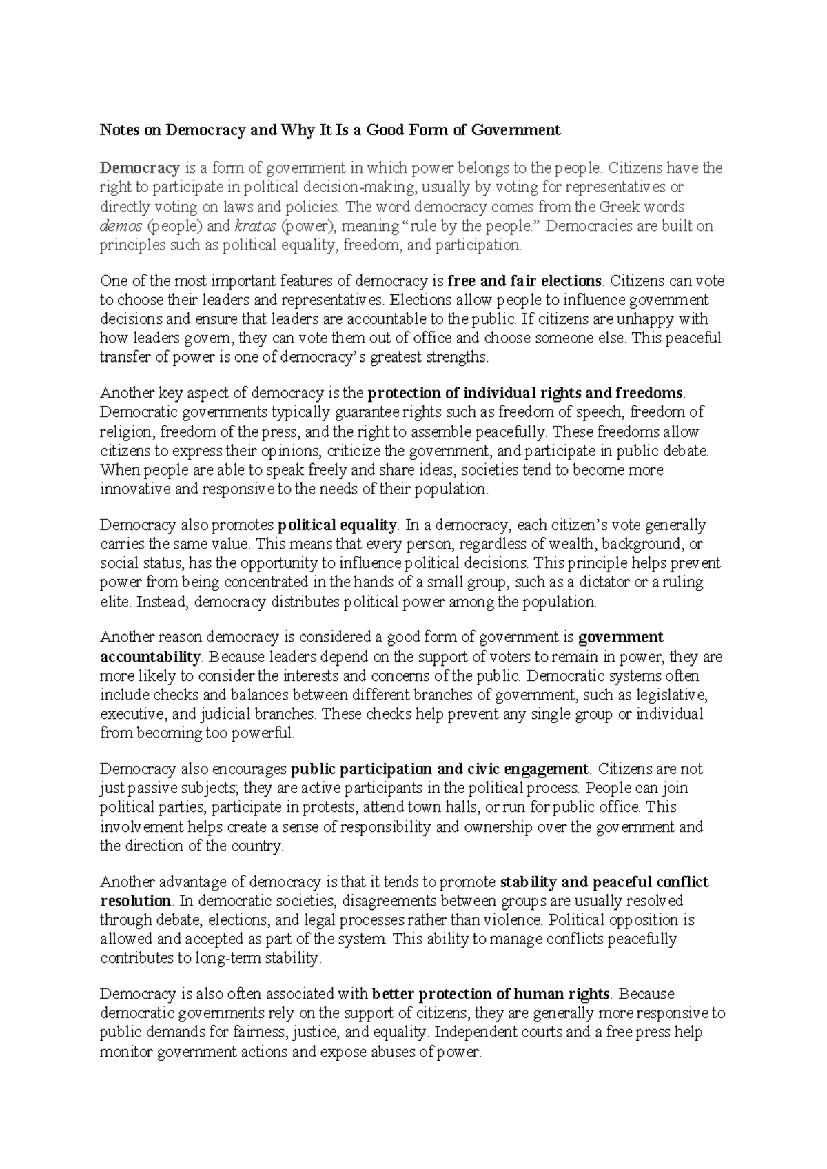 Democracy: Key Principles and Benefits of Good Governance - Studocu