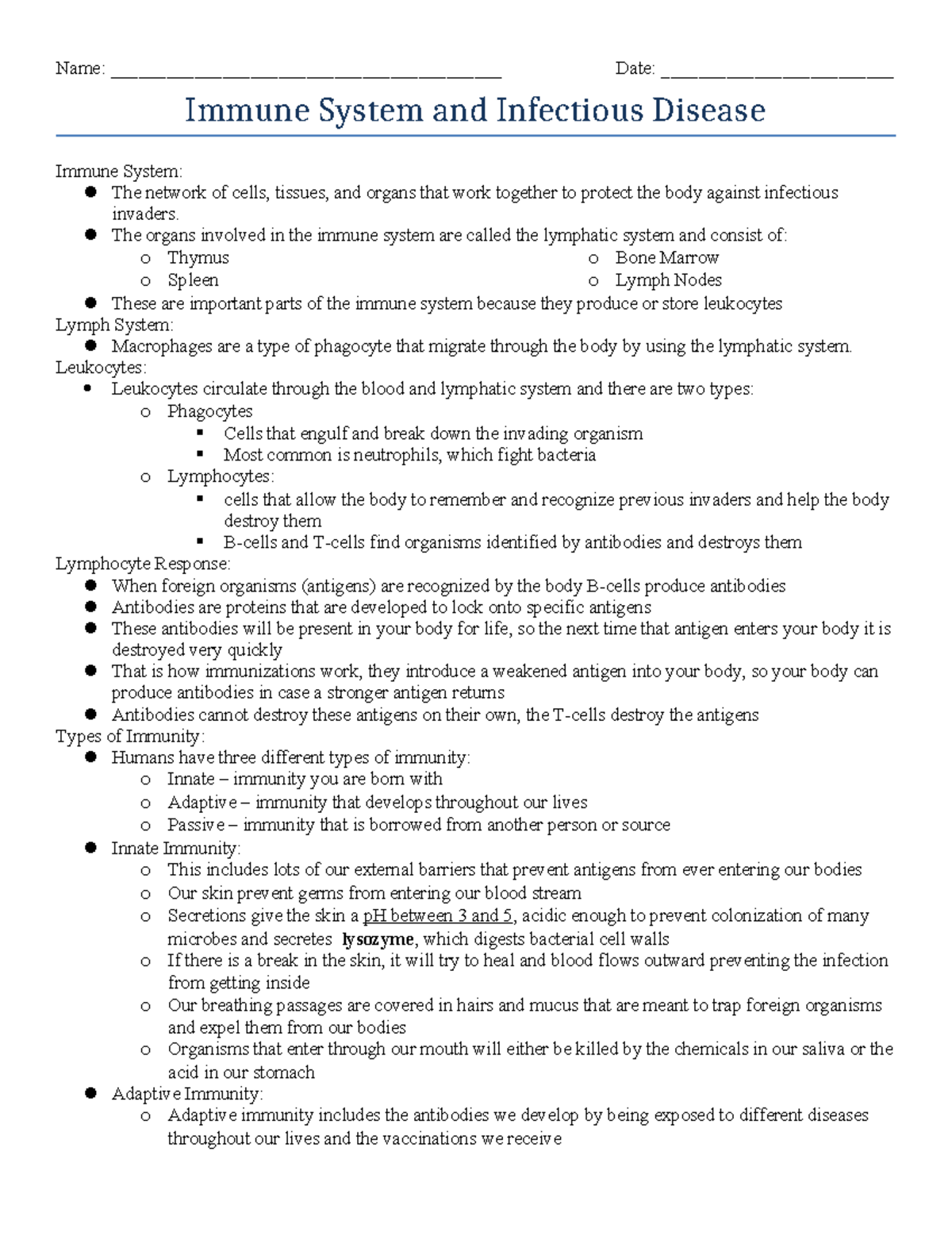 Immune System and Infectious Disease Notes (BIO 101) - Studocu