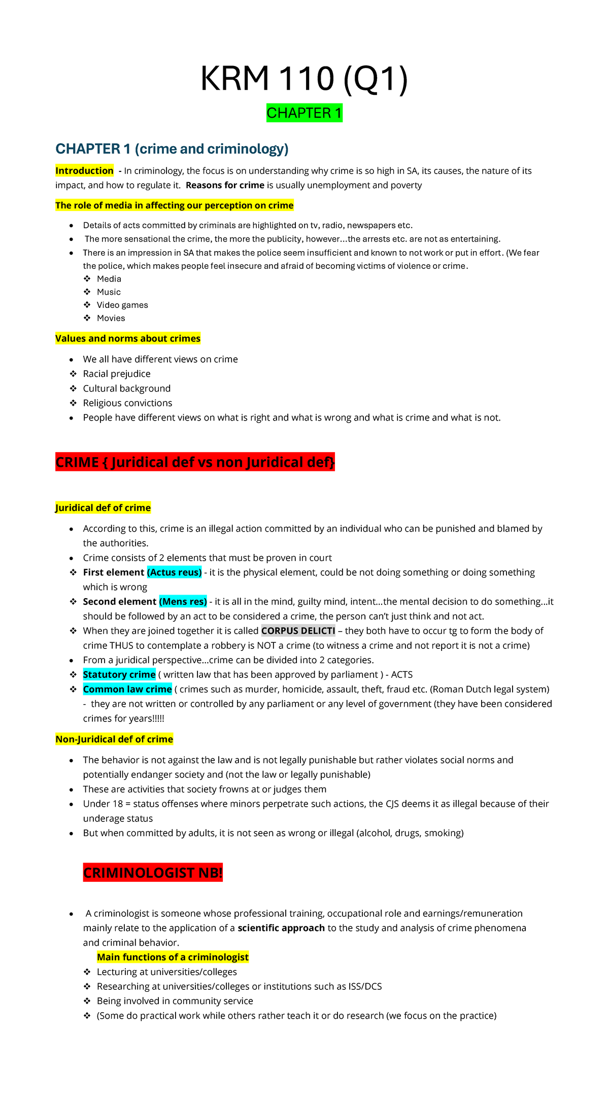 KRM 110 Q1: Chapter 1 - Crime and Criminology Overview - Studocu