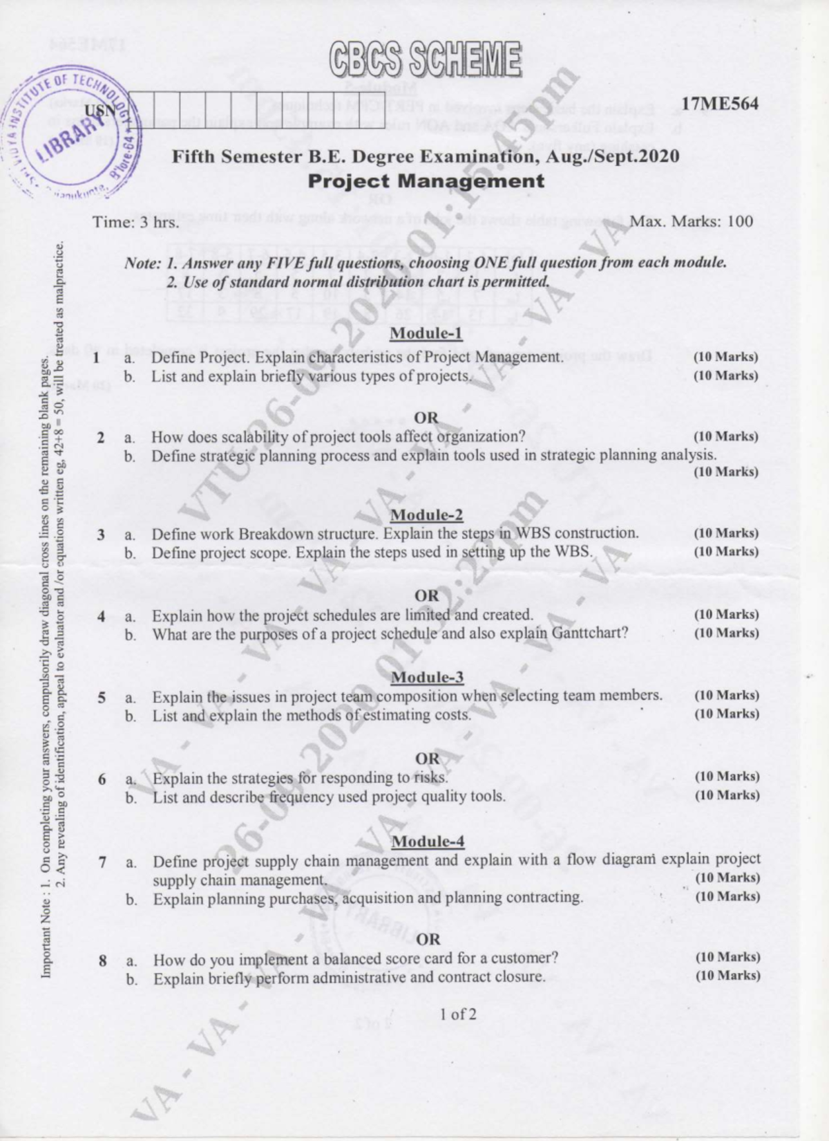 Project Management Exam Notes 17ME564 - Aug-Sep 2020 - Studocu