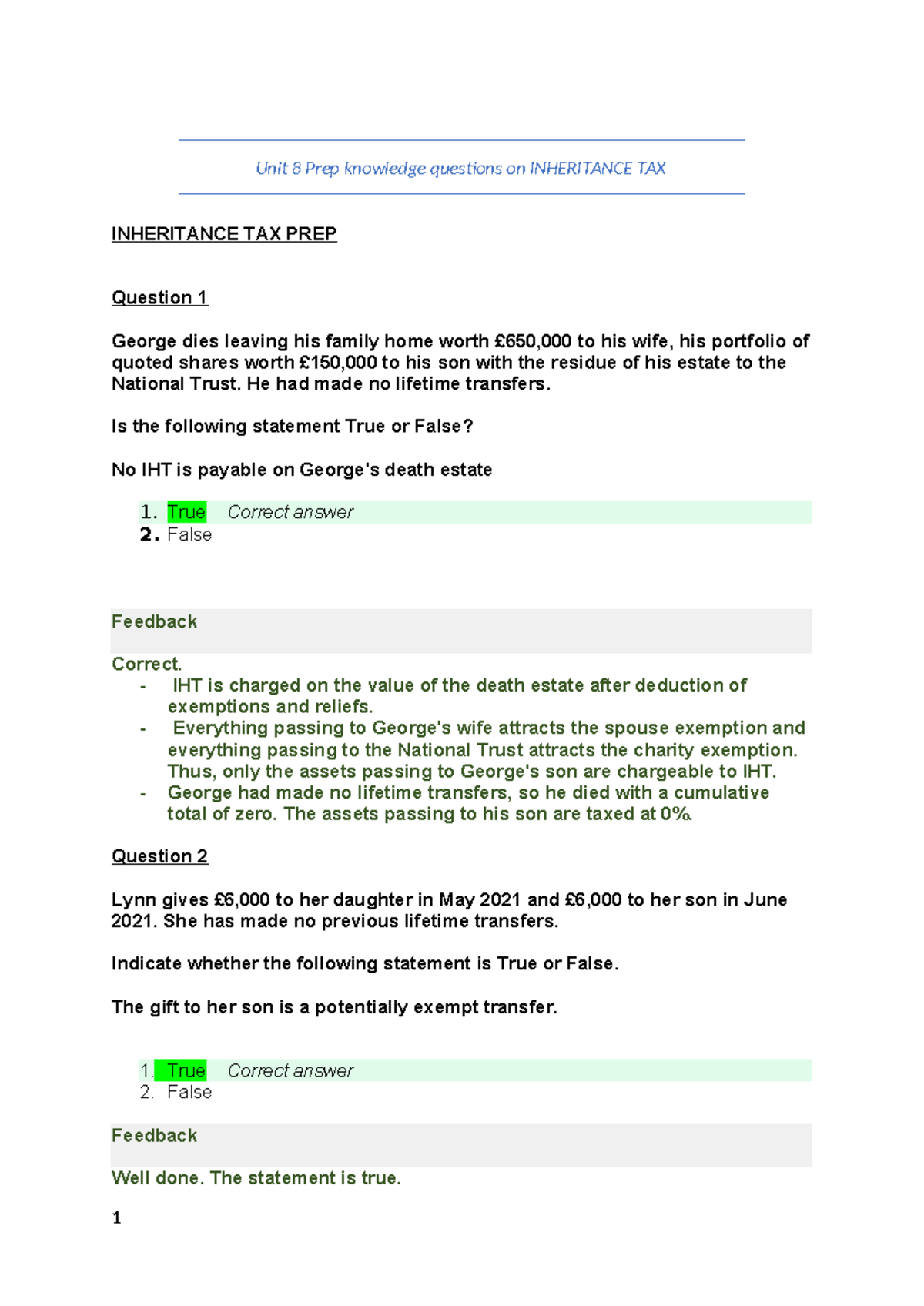 Unit 8 Prep: Inheritance Tax Knowledge Questions and Answers - Studocu