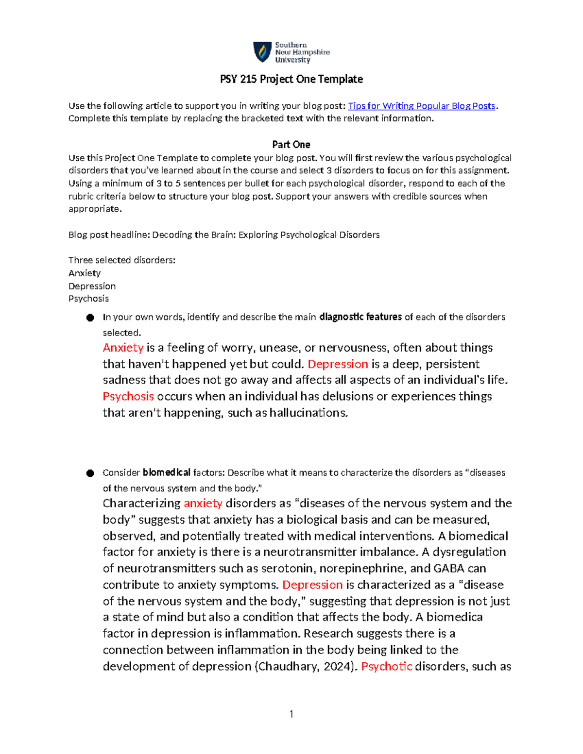 PSY 215 Project One: Exploring Psychological Disorders and Their Impact ...