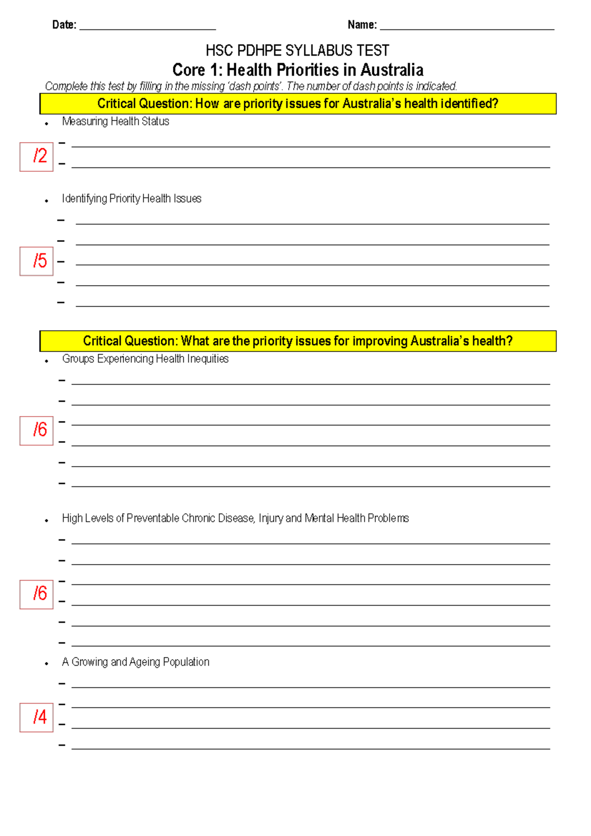 HSC PDHPE Syllabus Test - Core 1: Health Priorities in Australia - Studocu