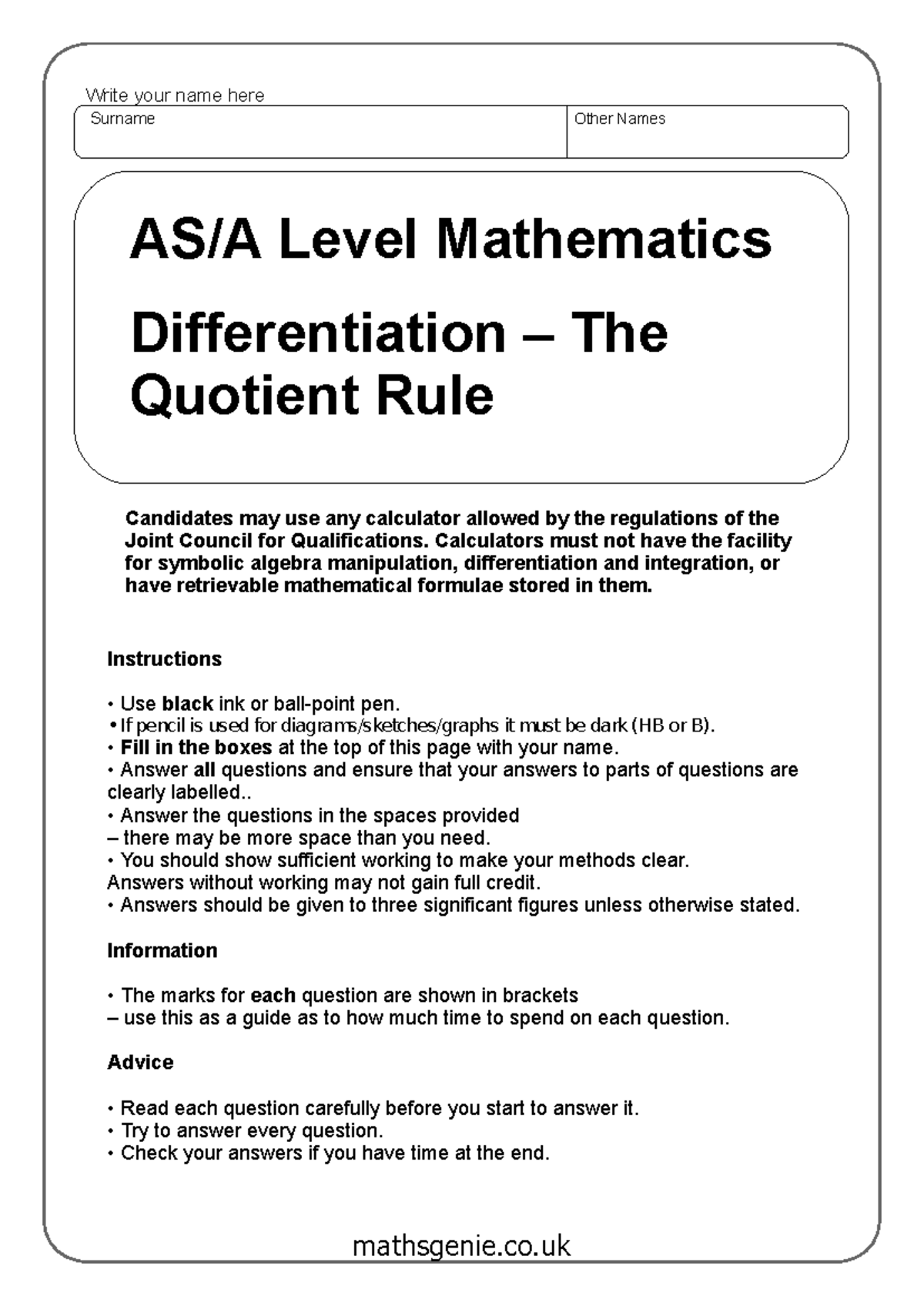 Mathematics Differentiation: The Quotient Rule Guide (Level) - Studocu
